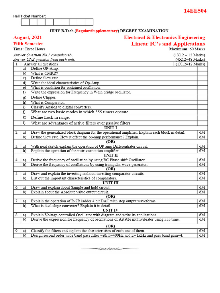 14EE504 (LICA) Question Paper | PDF | Operational Amplifier | Telecommunications Engineering