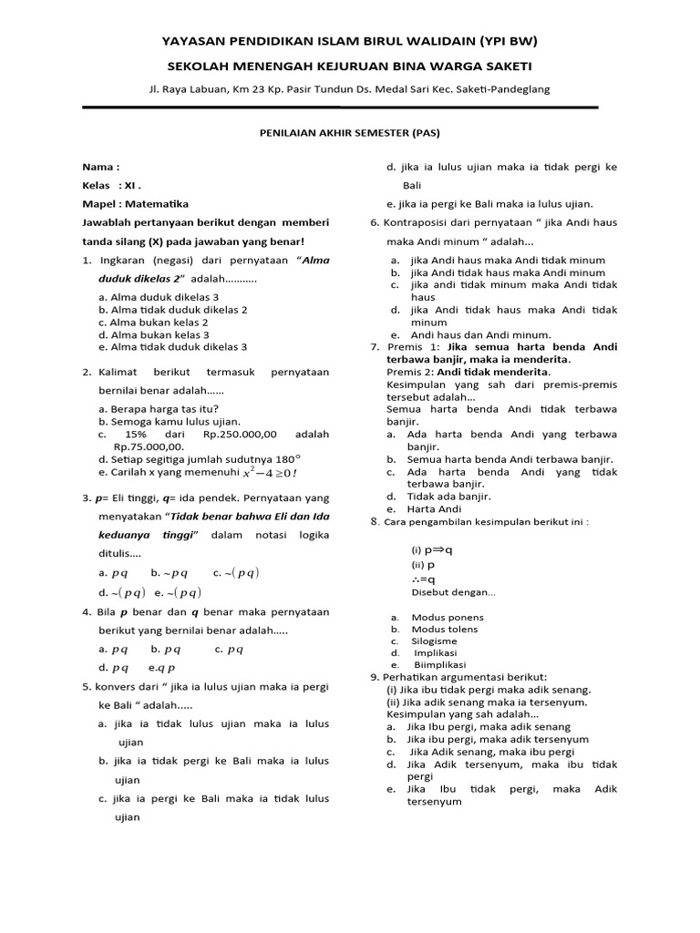 Soal Pas MTK Kls Xi Sem 1 (2019) | PDF
