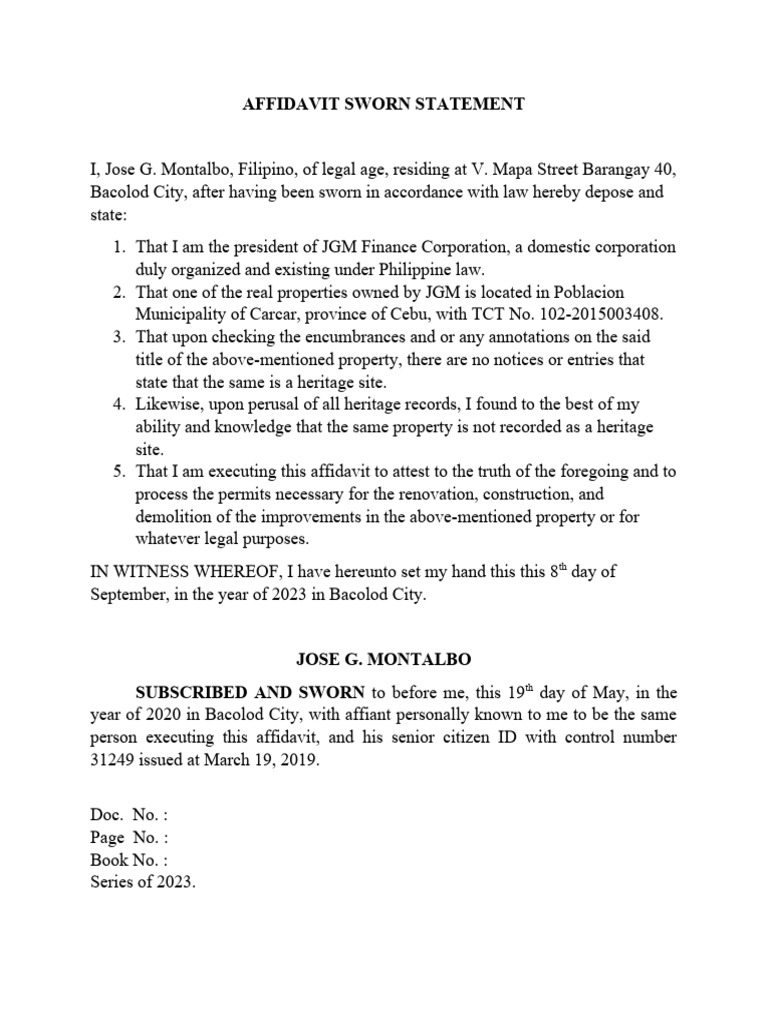 Affidavit Sworn Statement Hertiage | PDF