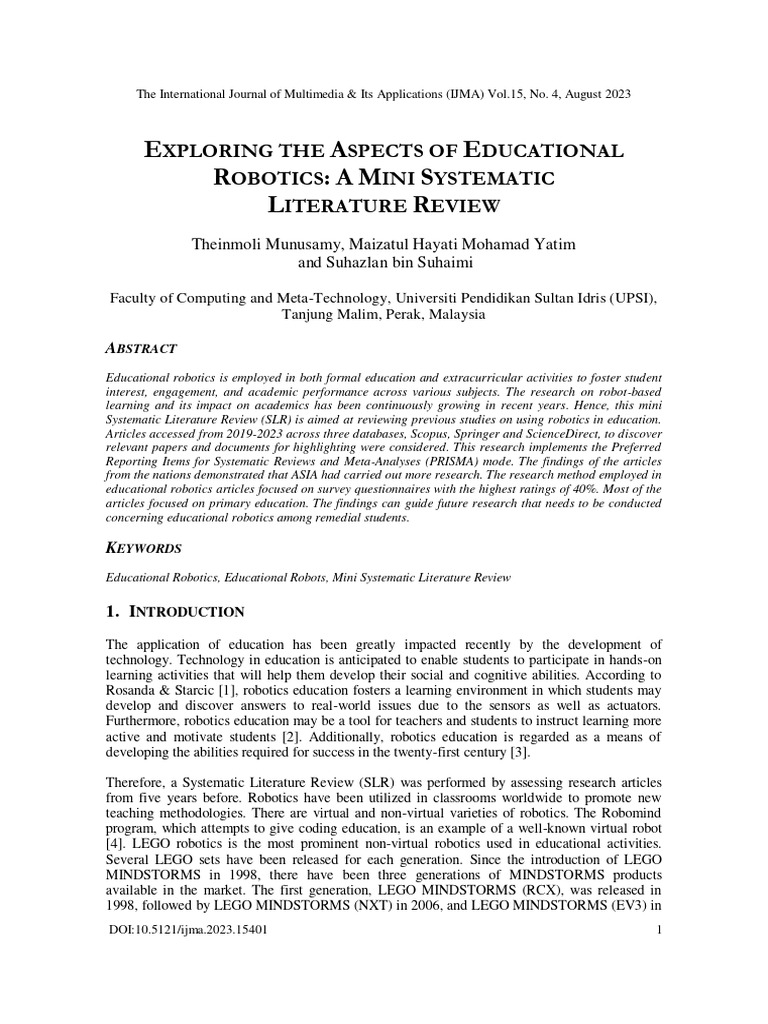 Exploring The Aspects Of Educational Robotics A Mini Systematic Literature Review Pdf