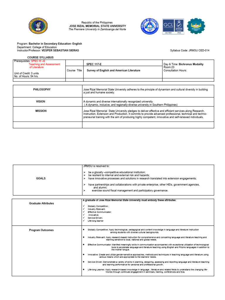 Syllabus Eng-Am Lit (New Template) | PDF | Learning