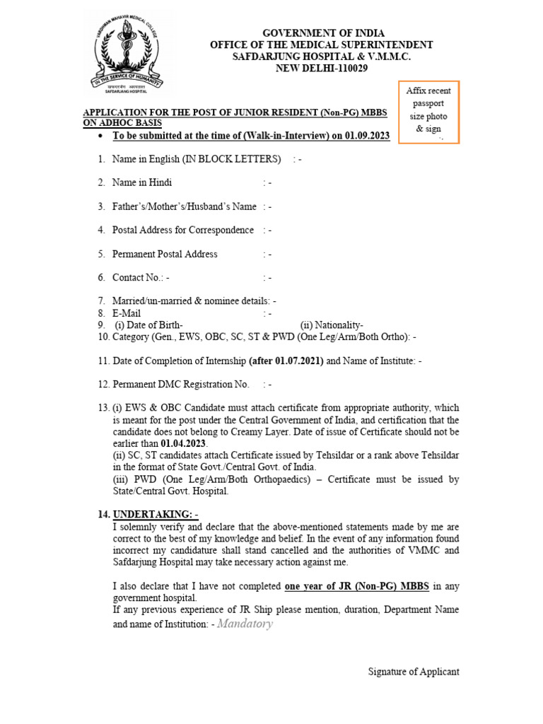 JR Non PG MBBS Appl Format | PDF