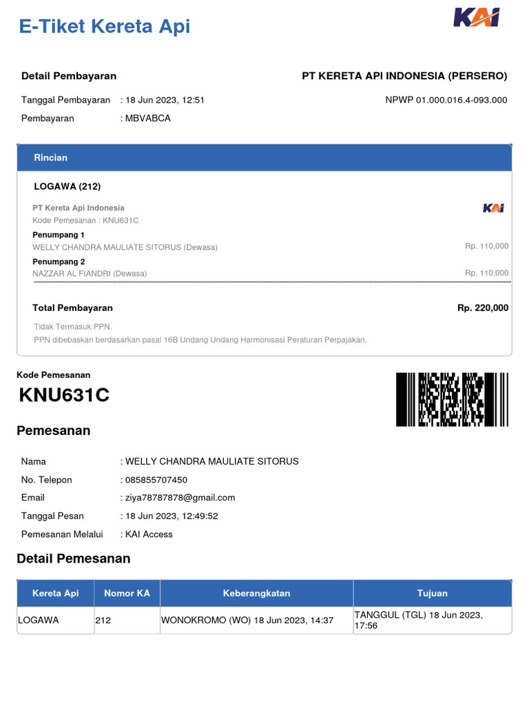 Contoh E-Tiket Kereta Api Indonesia | PDF