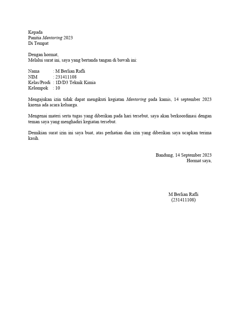 Surat Izin Tidak Mengikuti Mentoring-1 | PDF