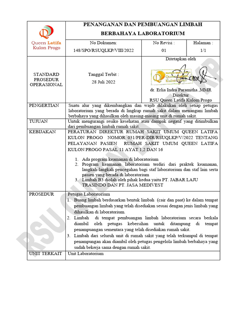 Spo Penanganan Dan Pembuangan Limbah Berbahaya Laboratorium | PDF | Kesehatan Holistik | Sains ...