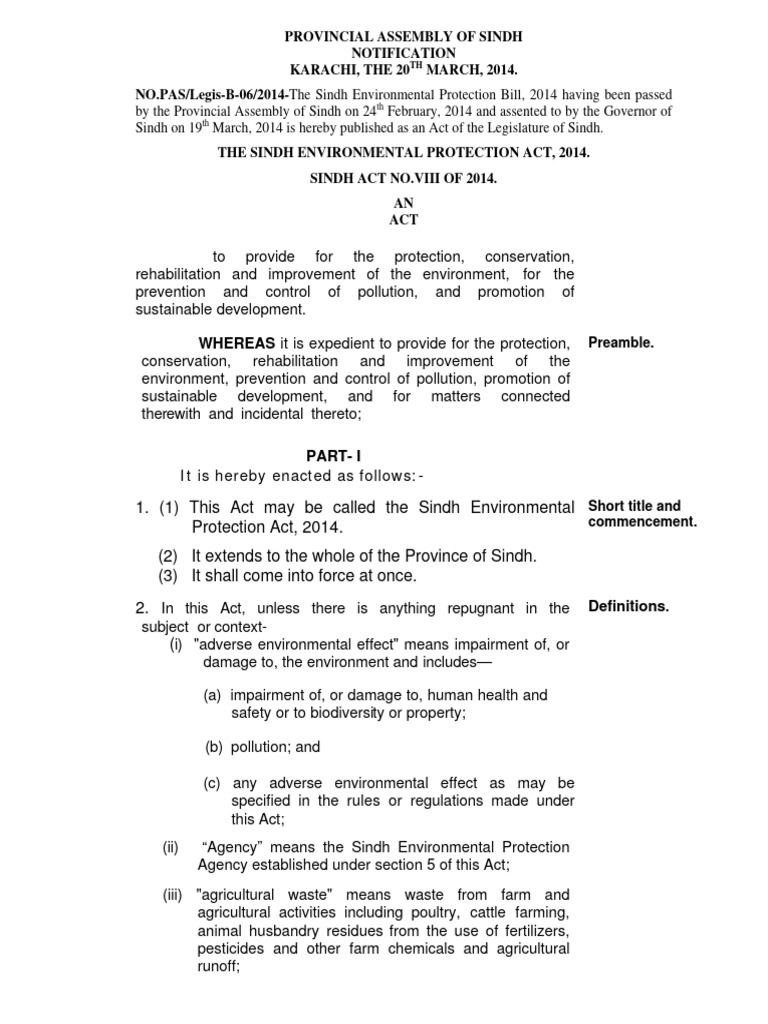 The Sindh Environmental Protection Act 2014 | PDF