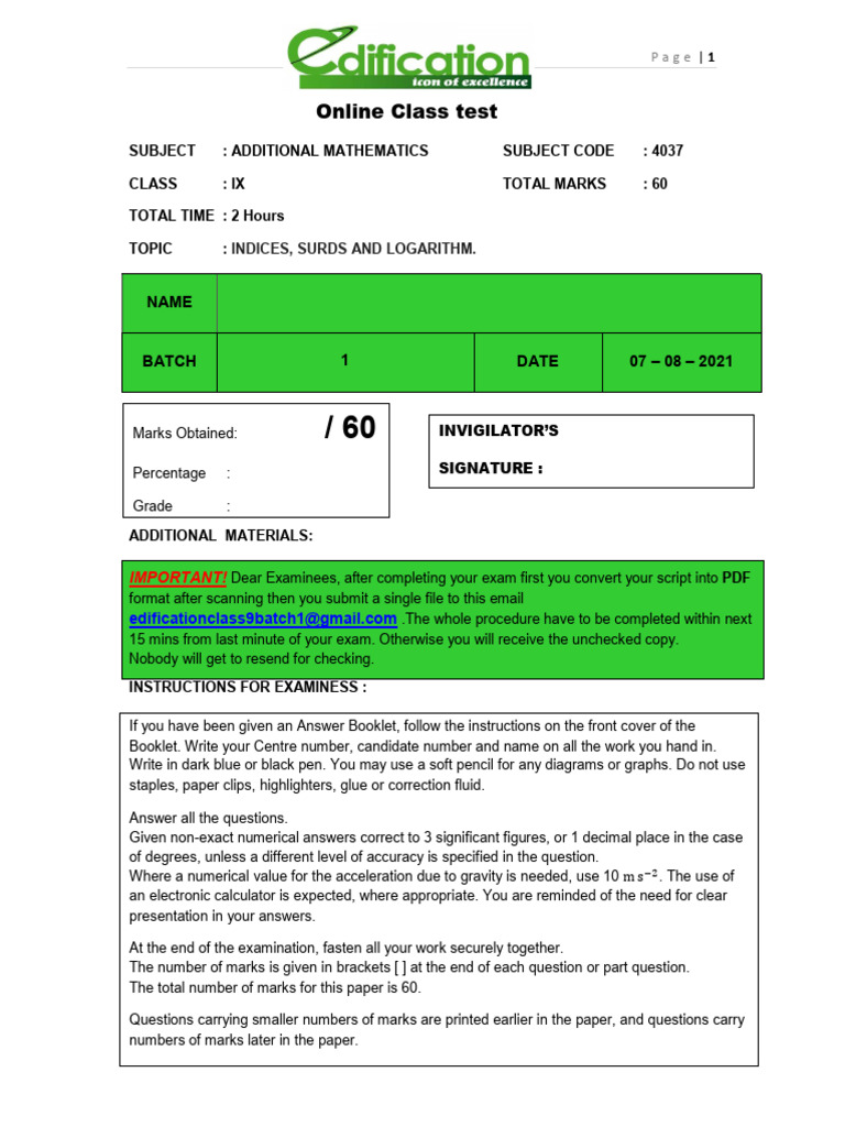 Online Class Test On Add Math Batch 1 | PDF | Logarithm | Mathematics Online Class Test On Add Math Batch 1 | PDF | Logarithm | Mathematics