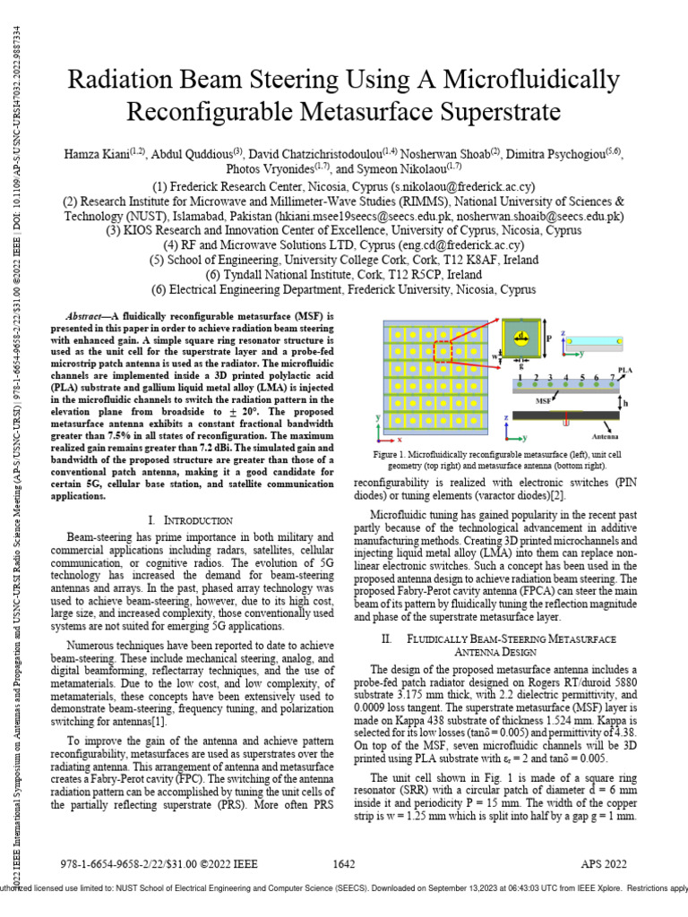 Radiation Beam Steering Using A Microfluidically Reconfigurable Metasurface Superstrate | PDF