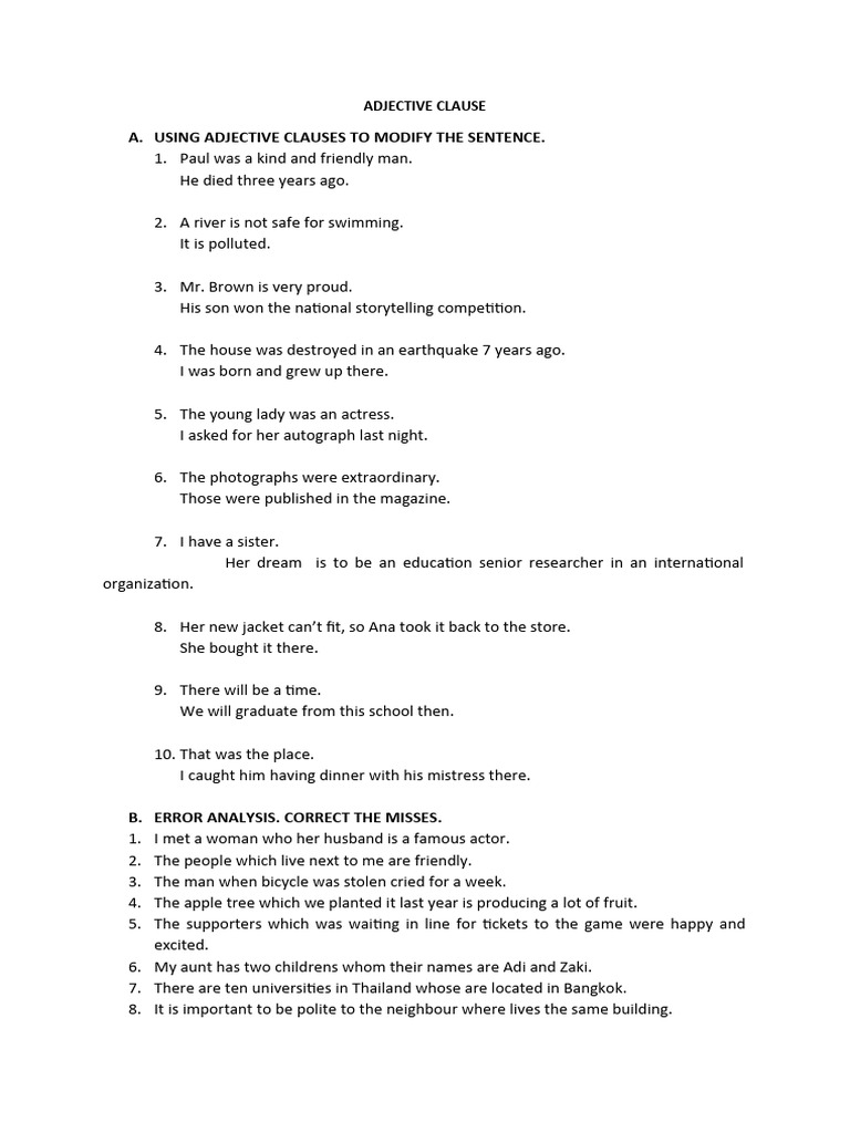 Adjective Clause Exercises for Students | PDF