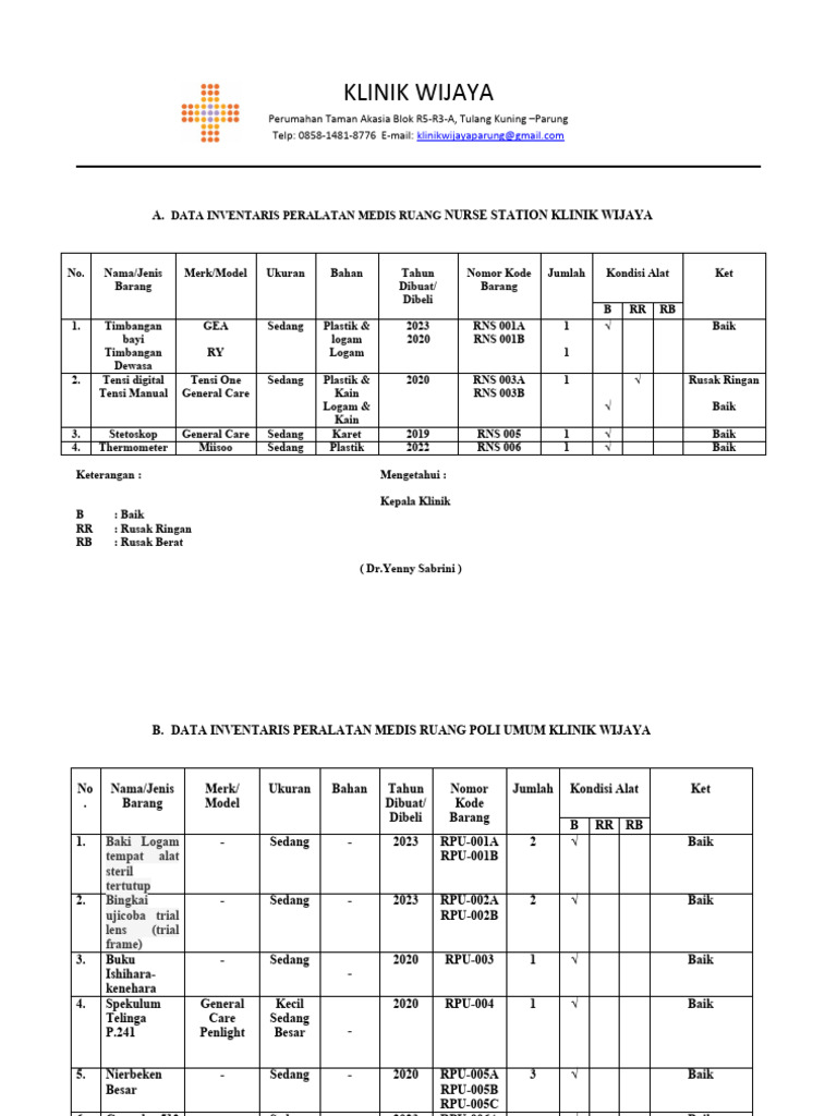 Peralatan Medis Ruang Pelayanan Umum Klinik Wijaya Fix | PDF | Teknologi & Rekayasa