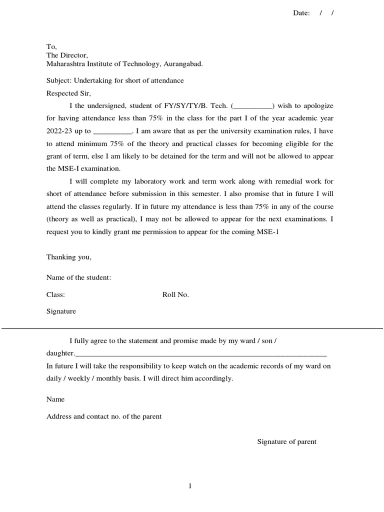 Undertaking For Short Attendance - Part 1 - 2022-23 | PDF