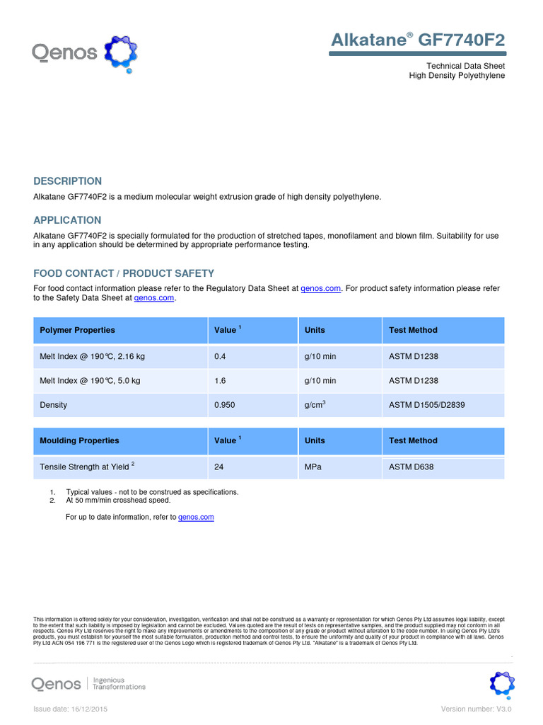 Qenos Alkatane GF7740F2 | PDF | Polyethylene | Chemical Substances