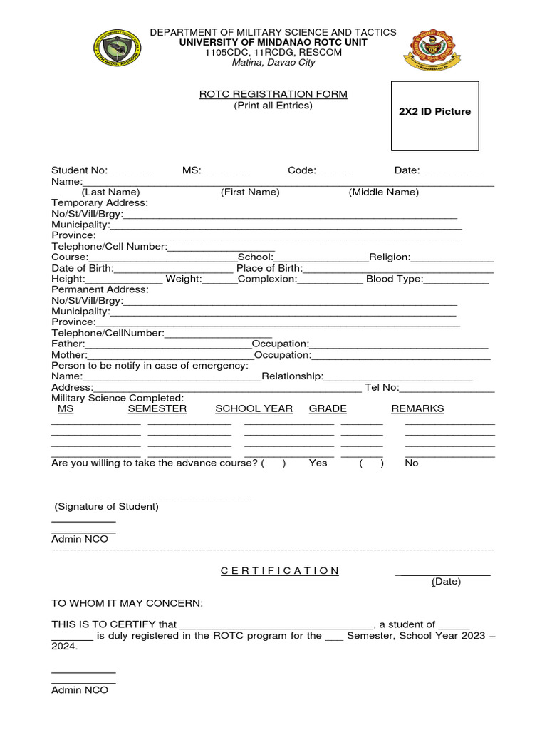ROTC Registration Form | Download Free PDF | Government