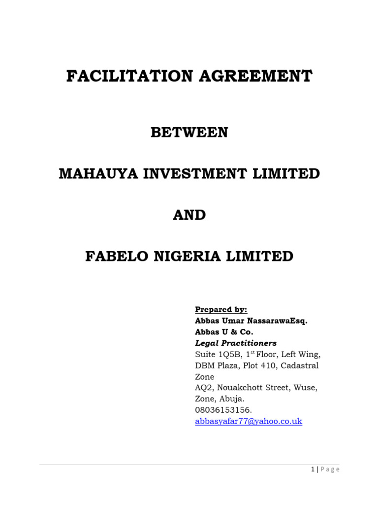 Facilitation Agreement - Fabelo Nigeria Limited and Mahauya Investment | PDF