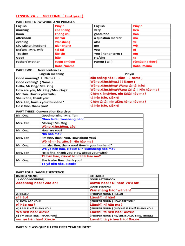 SY 23-24 CHINESE Lesson 2 Greetings | PDF | Syntax | Linguistic Morphology