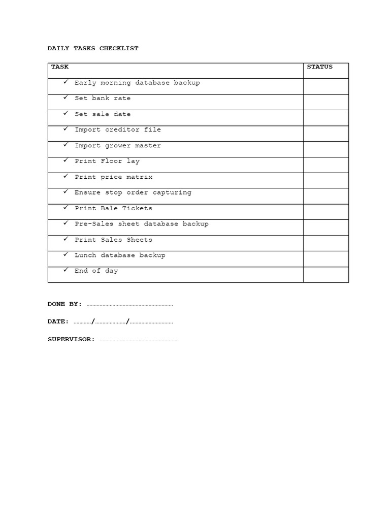 Daily Tasks Checklist | PDF | Finance & Money Management | Law
