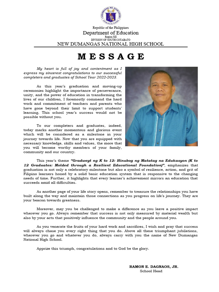School Head's Messages - Tisoi | PDF | Cognition | Behavior Modification