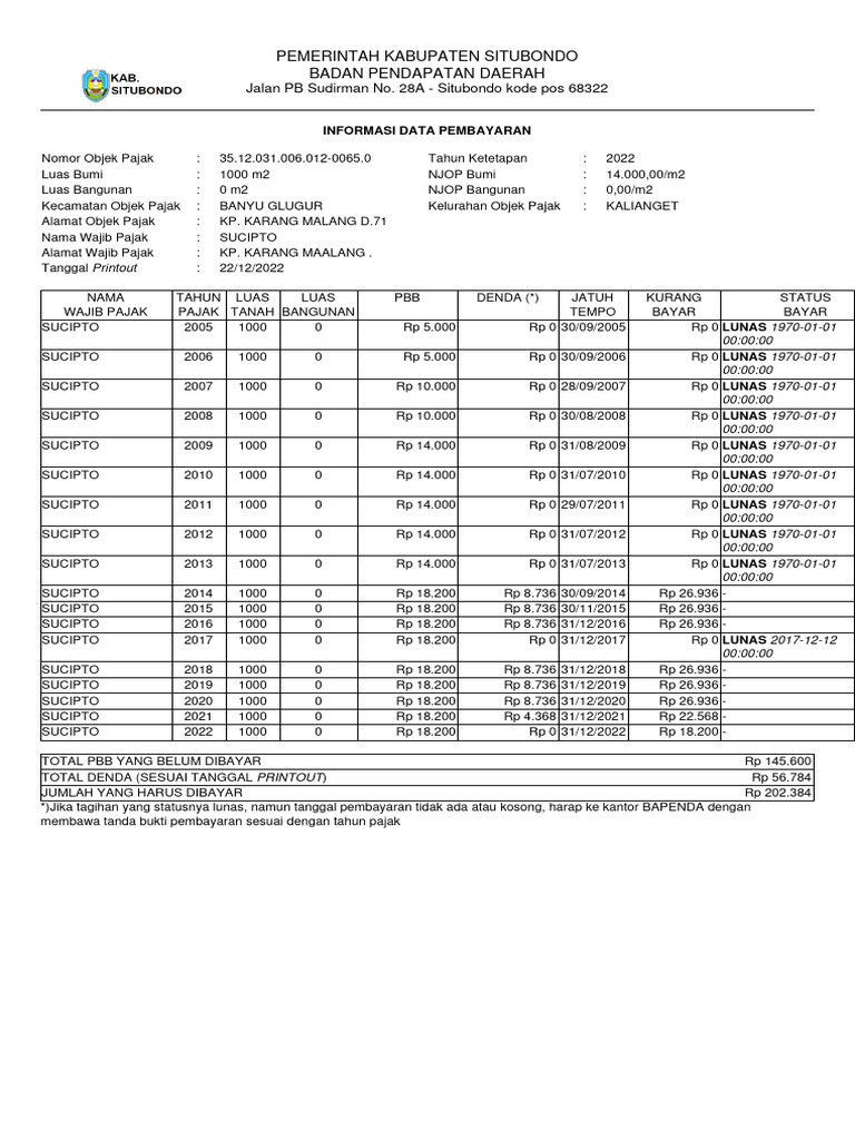 Data Tagihan PBB Sucipto | PDF