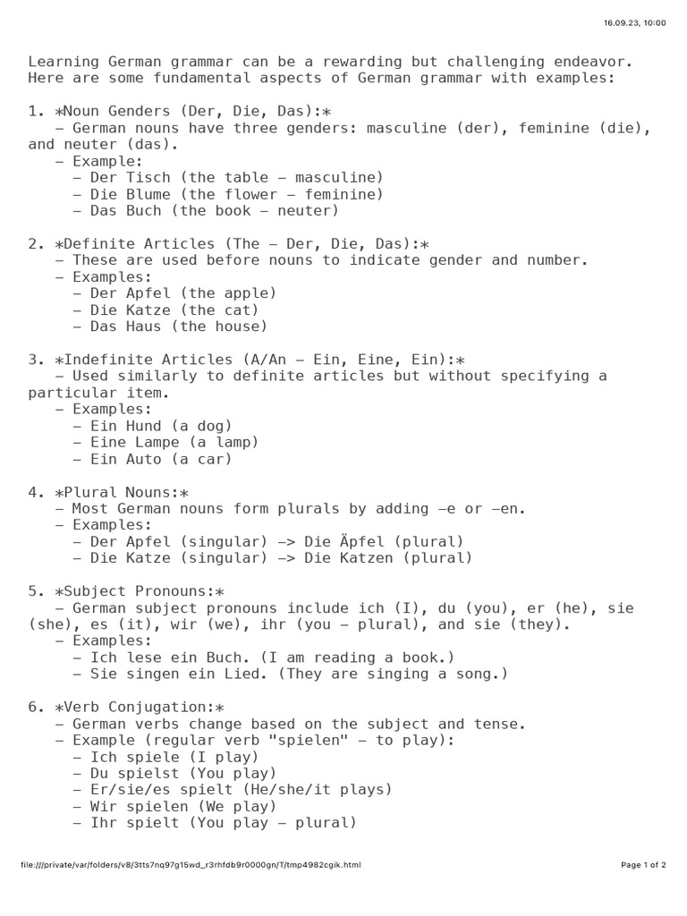 German Grammar Basics v1.0 | PDF | Grammatical Gender | Grammatical Number