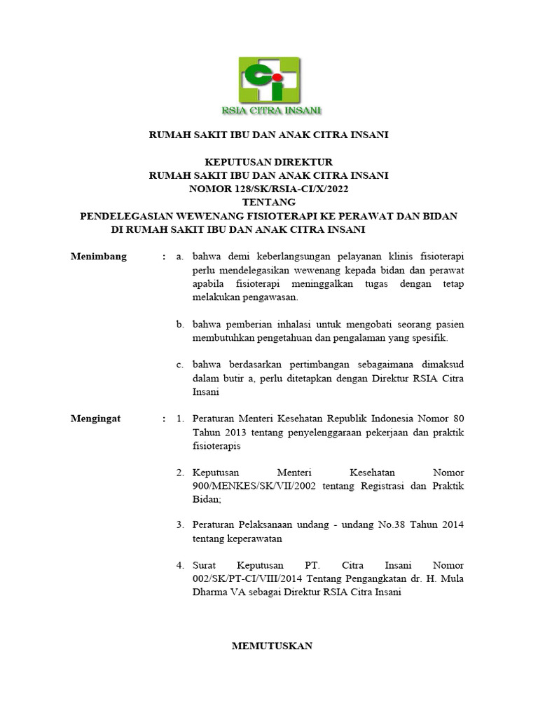 SK Pendelegasian Wewenang Fisioterapi Ke Perawat | PDF | Kesehatan Holistik