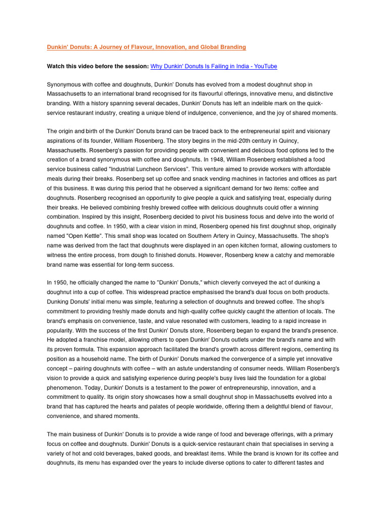 Pre-Reading Material - About Dunkin' Donuts | PDF | Doughnut | Brand