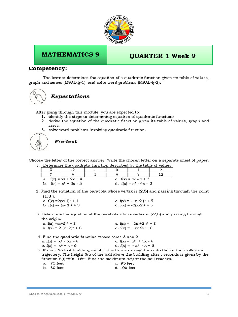 Math 9 Q1 Week 9 | Download Free PDF | Quadratic Equation | Equations Math 9 Q1 Week 9 | Download Free PDF | Quadratic Equation | Equations