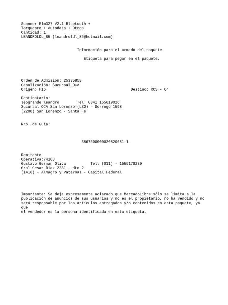 Ejemplo de Etiqueta de Envio para Mercado Libre Argentina | PDF