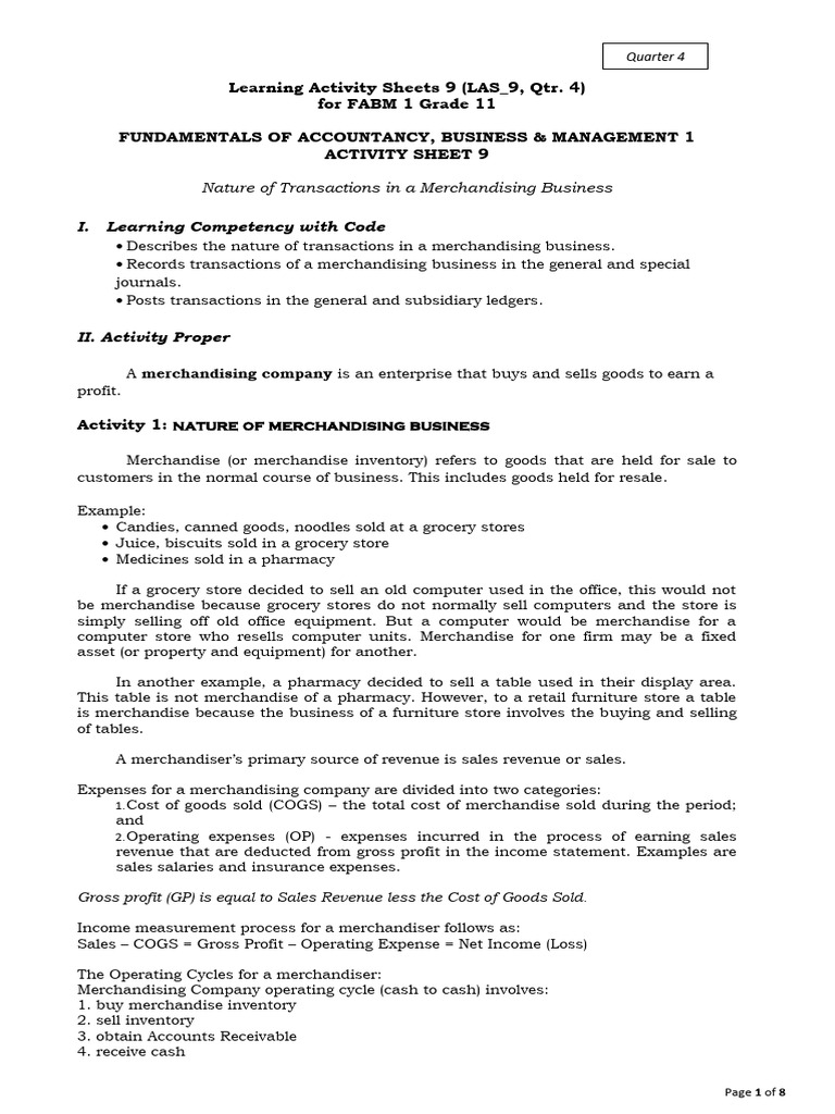 FABM1 - LAS - 9 - Nature of Transaction of A Mdsg. Bus | PDF | Debits ...