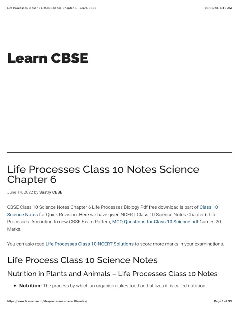 Life Processes Class 10 Notes Science Chapter 6 - Learn CBSE | PDF
