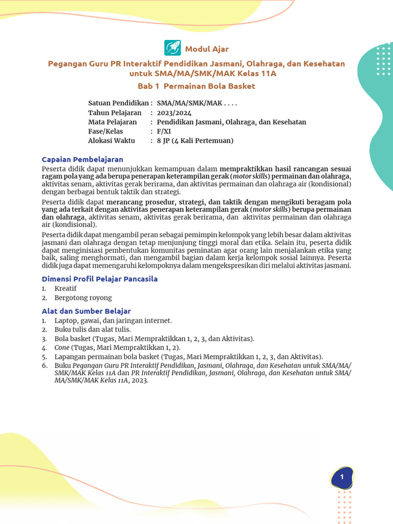 Modul Ajar PR PJOK 11A 2023-2024 Bab 1-1 | PDF | Karier & Perkembangan
