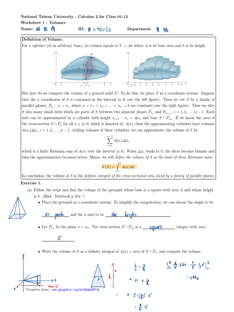 Calculus 2 Worksheet: Volume Calculation | PDF | Volume | Area