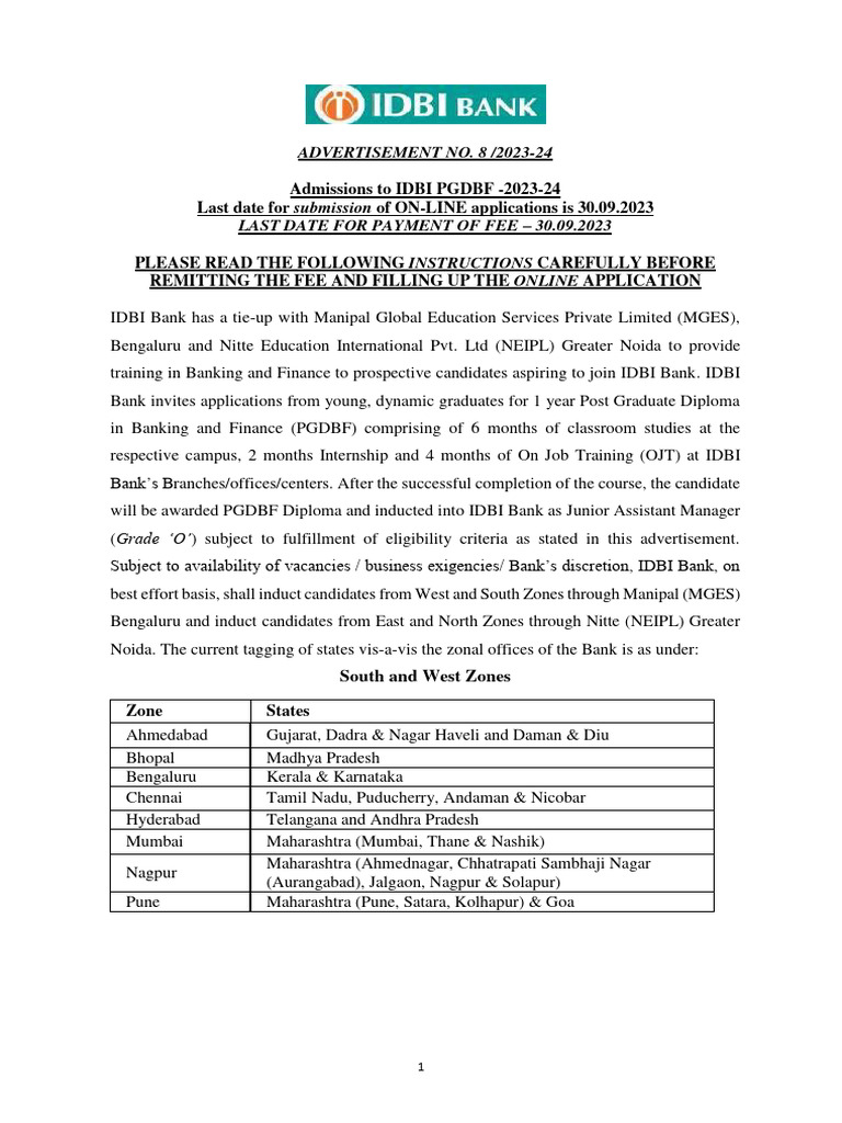 Detailed Advertisement JR Asst MGR IDBI Bank PGDBF 2023 24 | PDF ...
