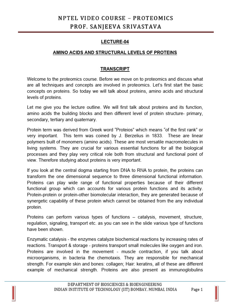 Lec 04 Transcript | PDF | Alpha Helix | Amino Acid