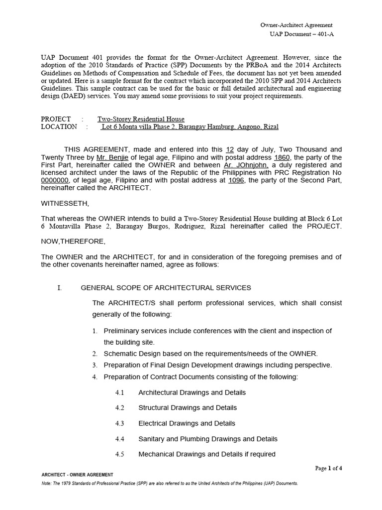 UAP Doc 401 A Owner Architect Agreement | PDF | Architect | Fee
