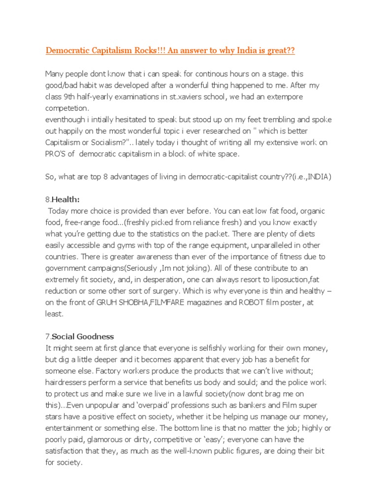 Democratic Capitalism Rocks!!! An Answer To Why India Is Great?? | PDF ...
