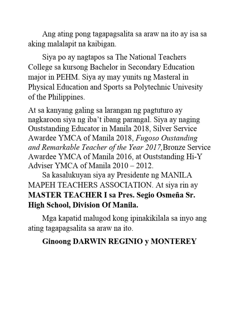 Ang Ating Pong Tagapagsalita Sa Araw Na Ito Ay Isa Sa Aking Malalapit ... Ang Ating Pong Tagapagsalita Sa Araw Na Ito Ay Isa Sa Aking Malalapit ...