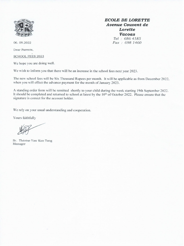 School Fees 2023 - Letter To Parents | PDF