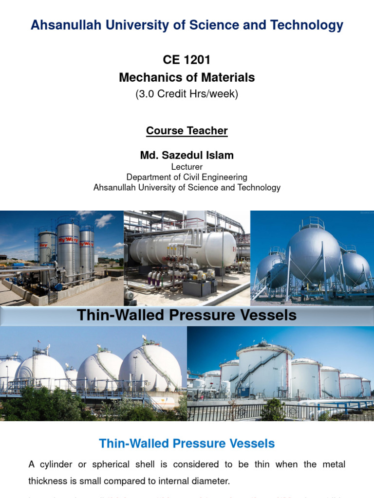 Thin Walled Pressure Vessels (Civil Engg. For AUST EEE 1/1) | PDF | Mechanical Engineering ...