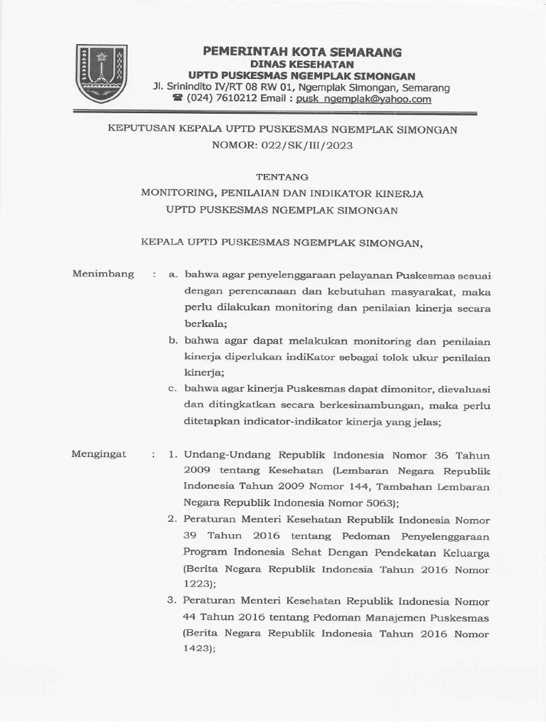Salinan SK - 022 - Indikator Kinerja Puskesmas | PDF