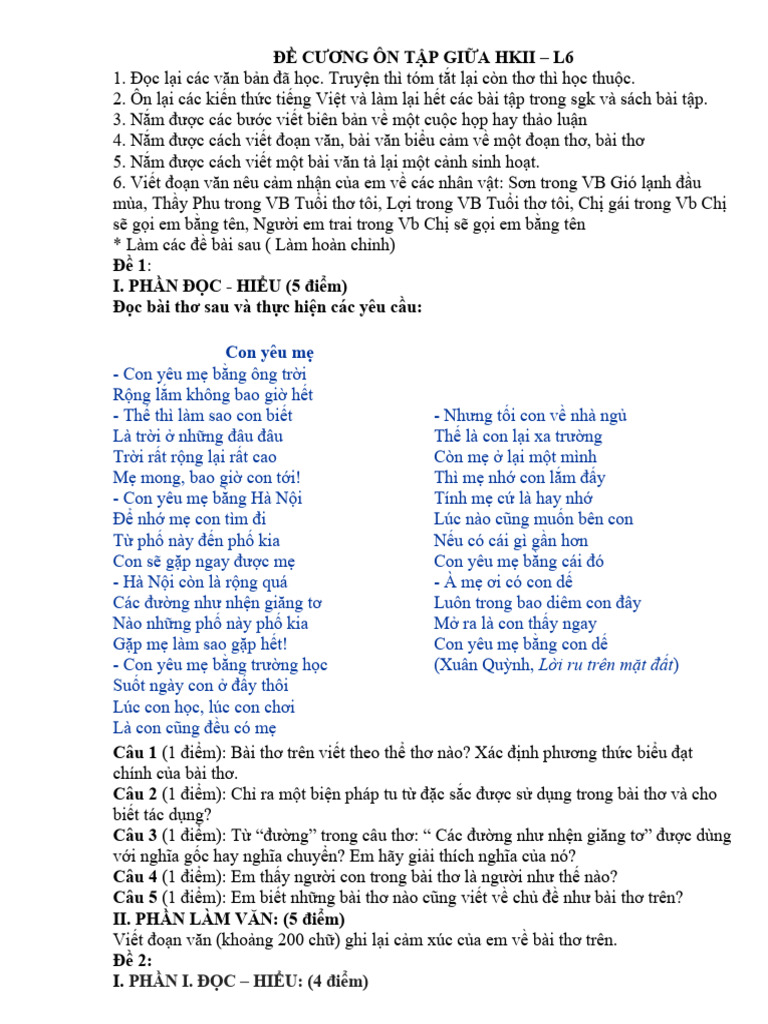 Đề Cương Ôn Tập Giữa Hkii. Lớp 6 . | PDF