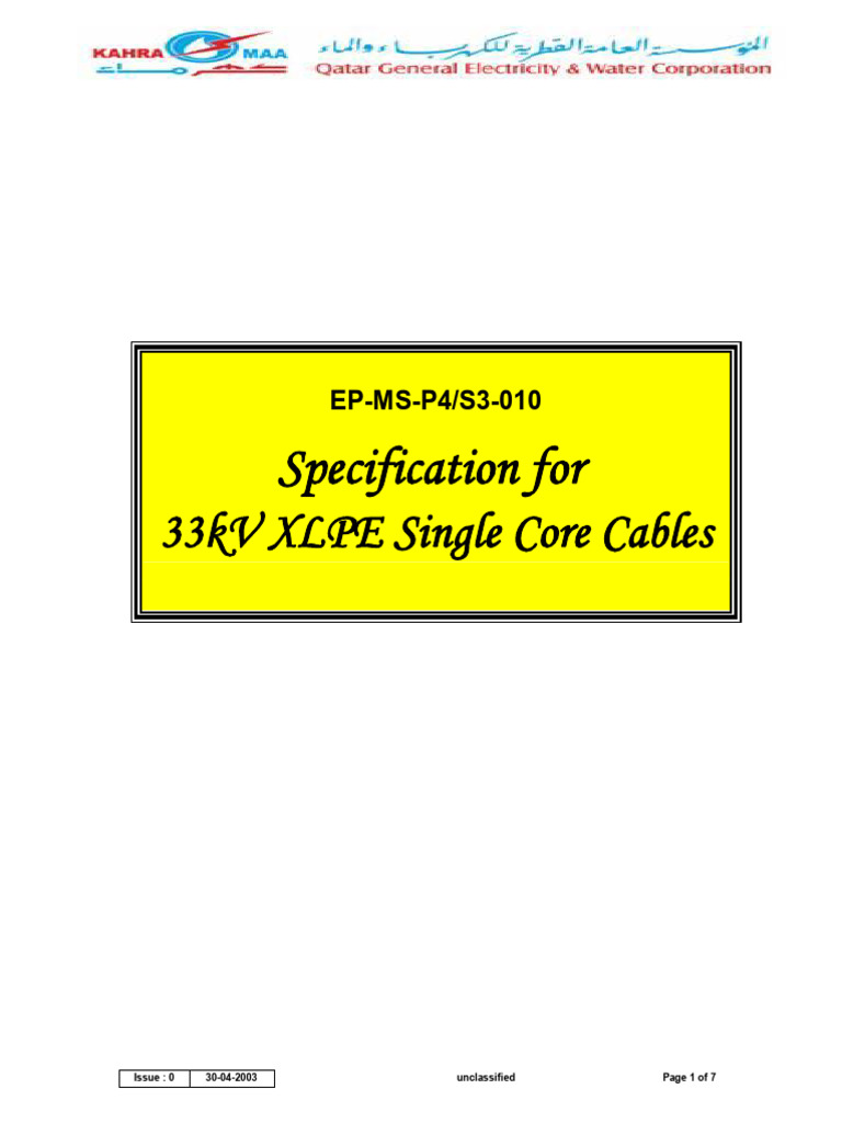 EP-MS-P4-S3-010 - 33kV XLPE Single Core Cables (KM Material Spec) | PDF | Insulator (Electricity ...