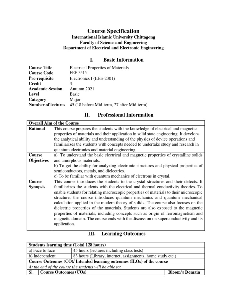 Course Specification - EEE-3515 (Electrical Properties of Materials ...