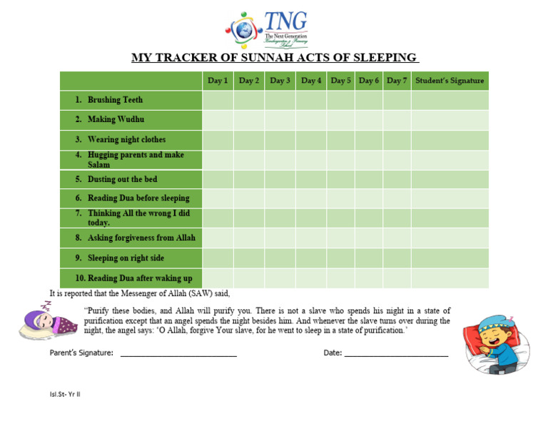 My Tracker of Sunnah Acts of Sleeping: Day 1 Day 2 Day 3 Day 4 Day 5 ...