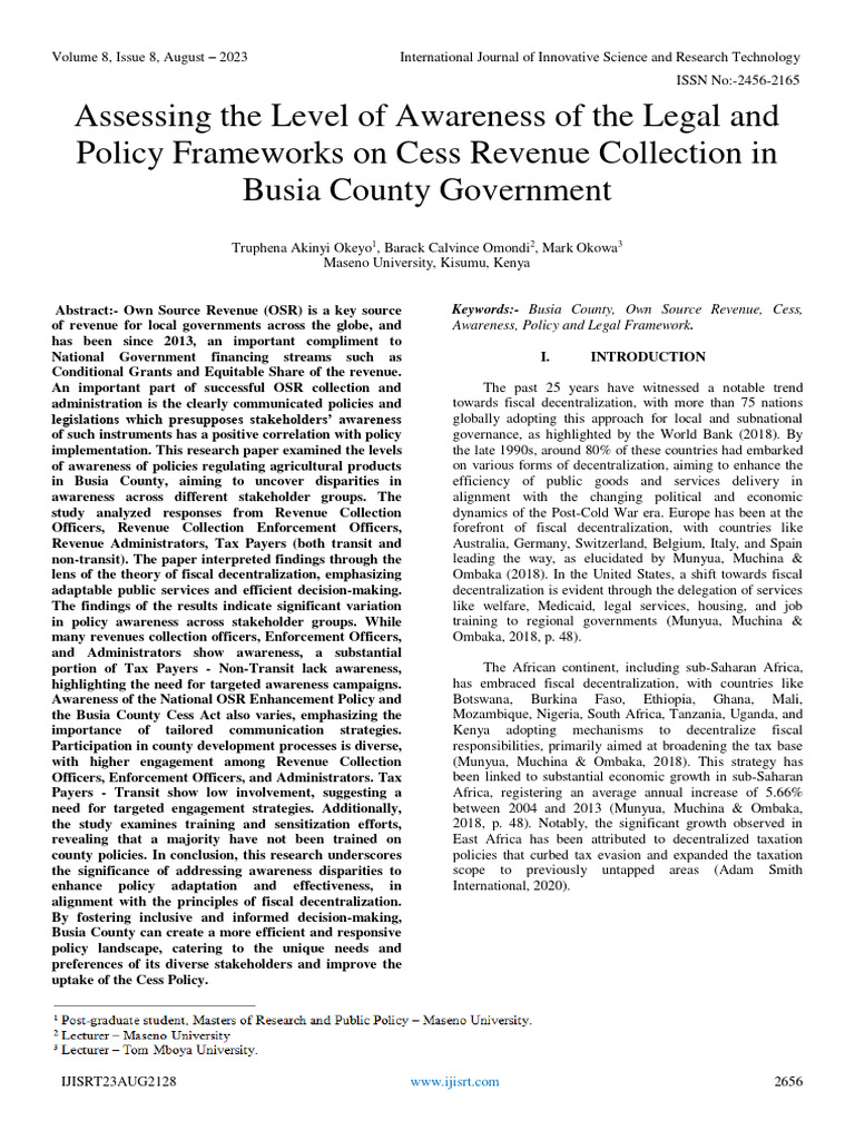 Assessing The Level of Awareness of The Legal and Policy Frameworks On ...