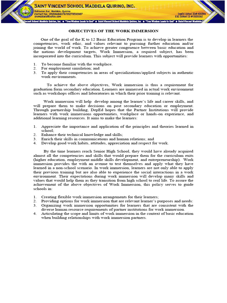 Work Immersion | PDF | Learning | Curriculum
