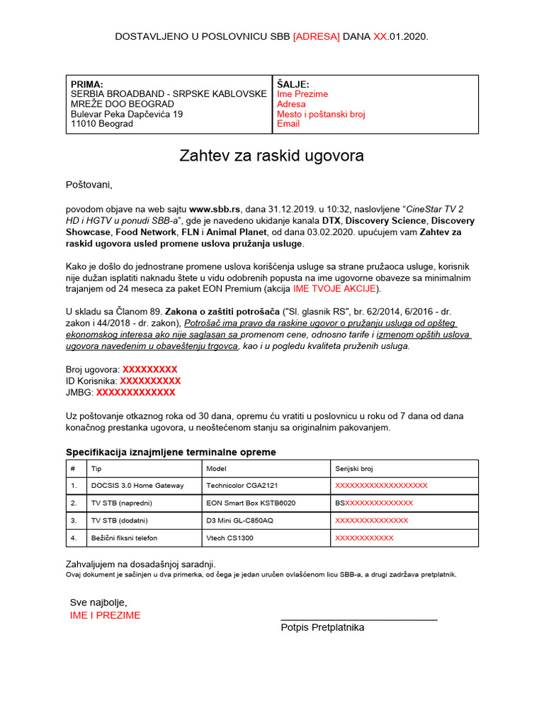 SABLON Zahtev Za Raskid Ugovora SBB | PDF