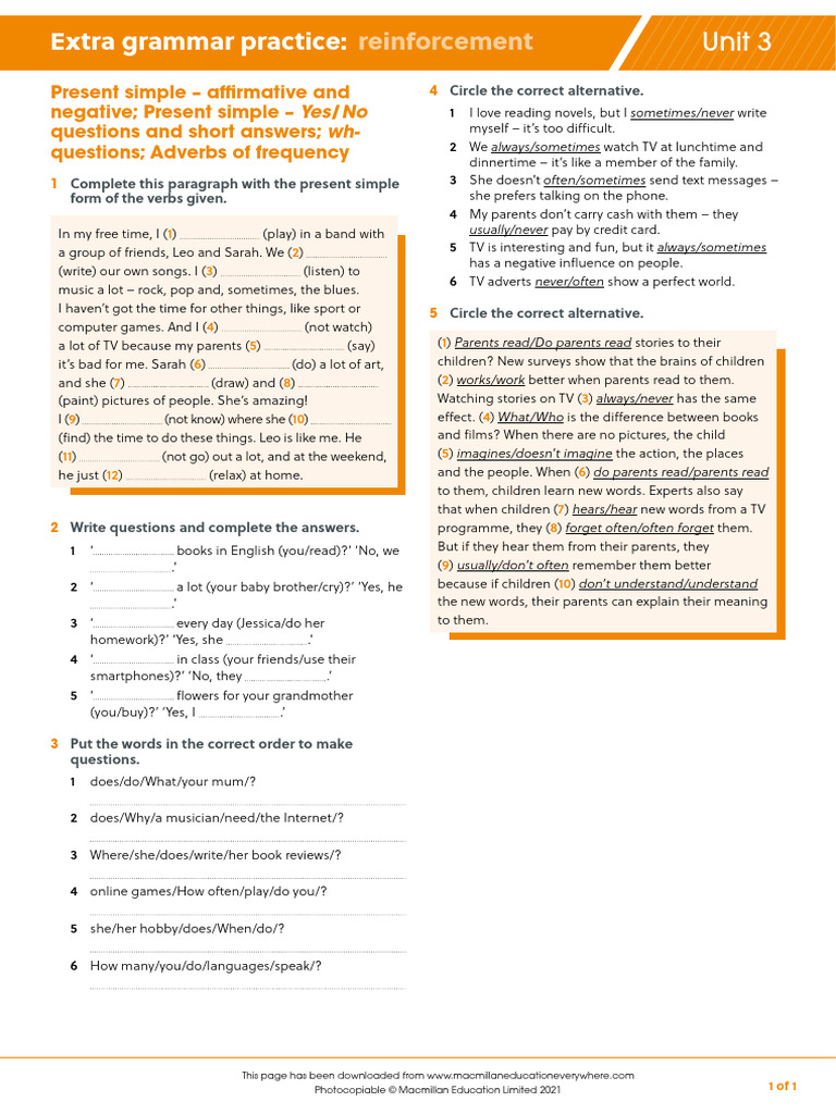 A1PLUS U3 Extra Grammar Practice Reinforcement | PDF | Linguistics | Human Communication