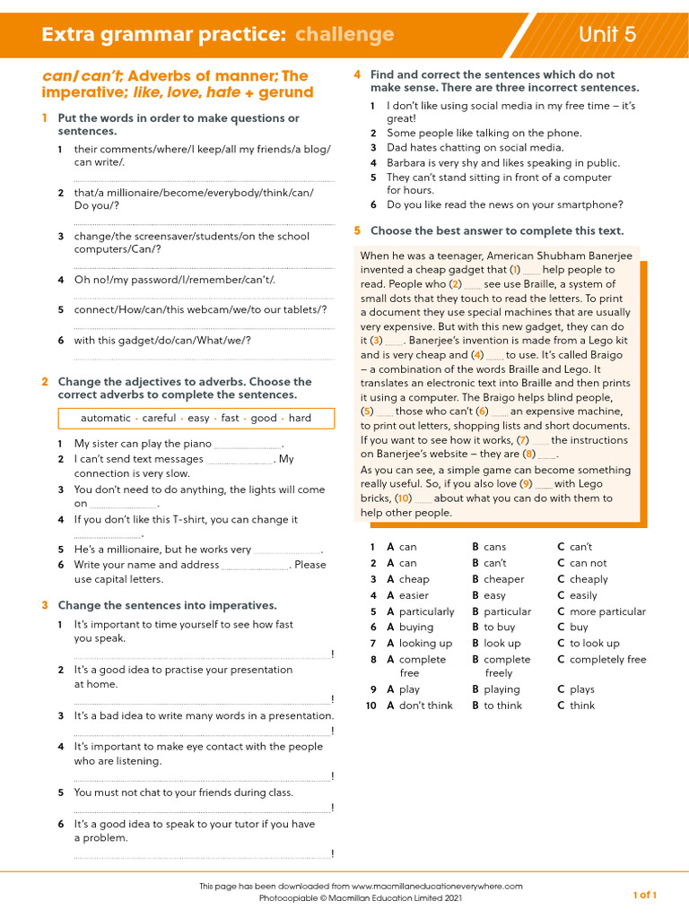 A1PLUS U5 Extra Grammar Practice Challenge | PDF | Human Communication | Computing