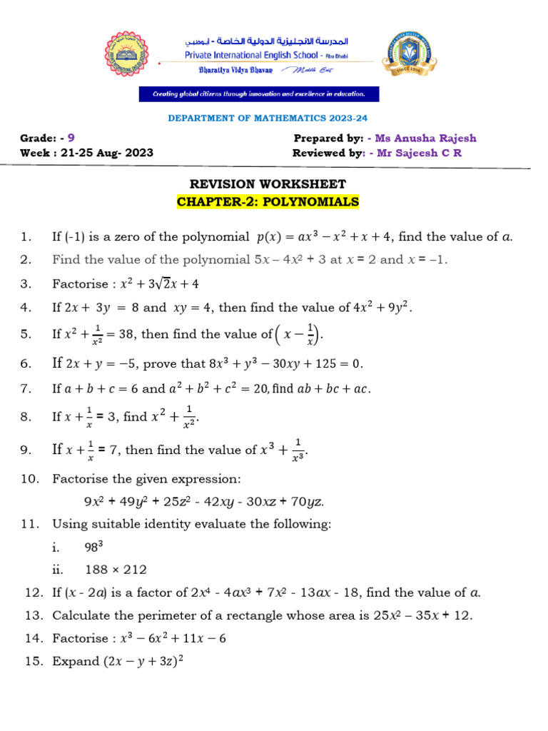 Revision Worksheet - Polynomials | PDF
