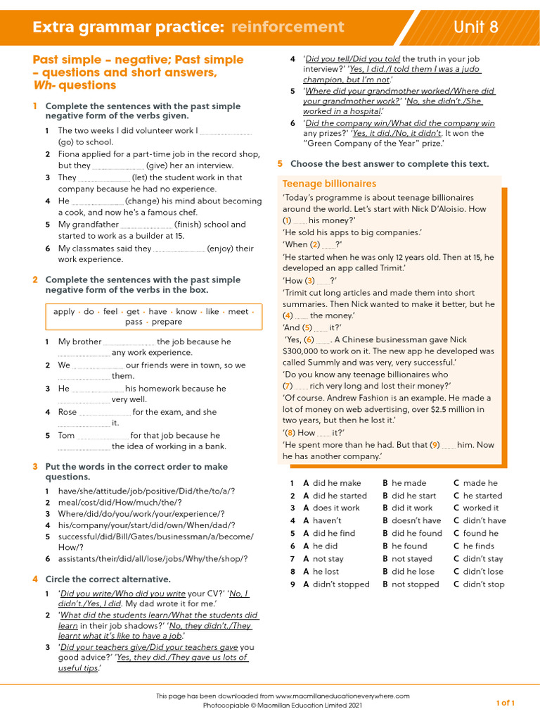 A1PLUS U8 Extra Grammar Practice Reinforcement | PDF | Linguistics | Human Communication